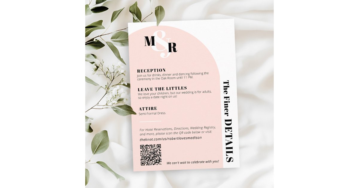Modern Arch Pink Monogram Wedding Details Card | Zazzle