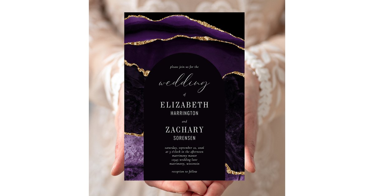 Modern Arch Purple Gold Agate Wedding Invitation | Zazzle