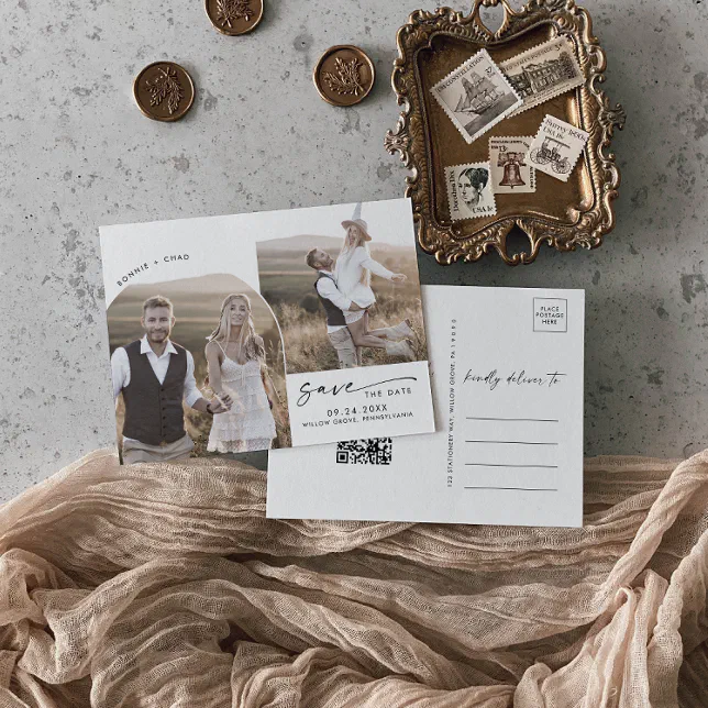 Modern Arch QR Code 2 Photo Save the Date Invitation Postcard | Zazzle