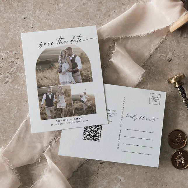 Modern Arch QR Code Photo Collage Save the Date Invitation Postcard ...