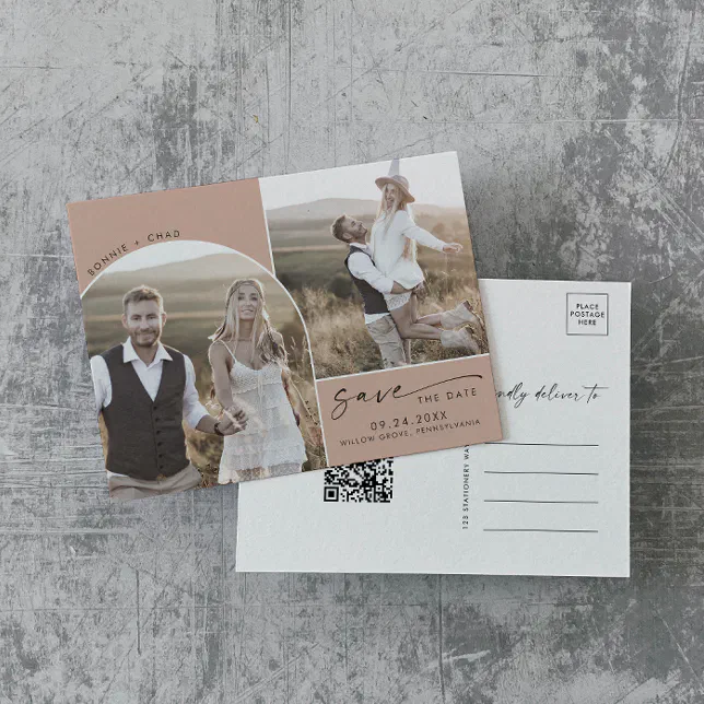 Modern Arch | Salmon QR Code 2 Photo Save the Date Invitation Postcard ...