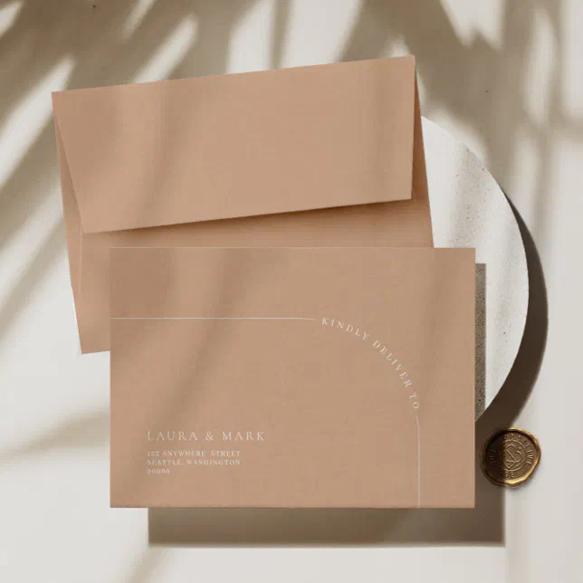 Modern Arch Tan Return Address Wedding RSVP Envelope | Zazzle