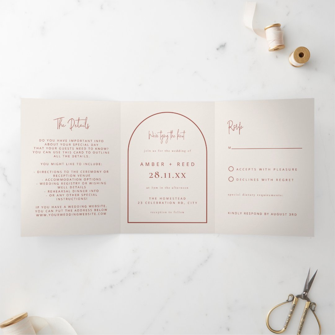 Modern Arch Tying Knot Terracotta Wedding Script Tri-Fold Invitation ...