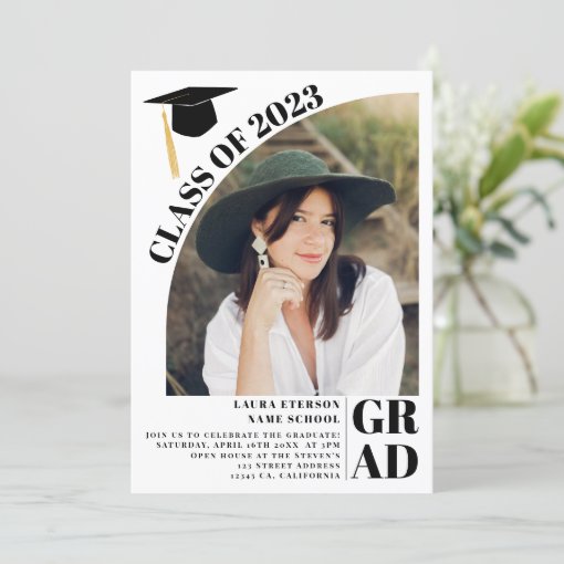 Modern arch white 5 photos graduation invitation | Zazzle
