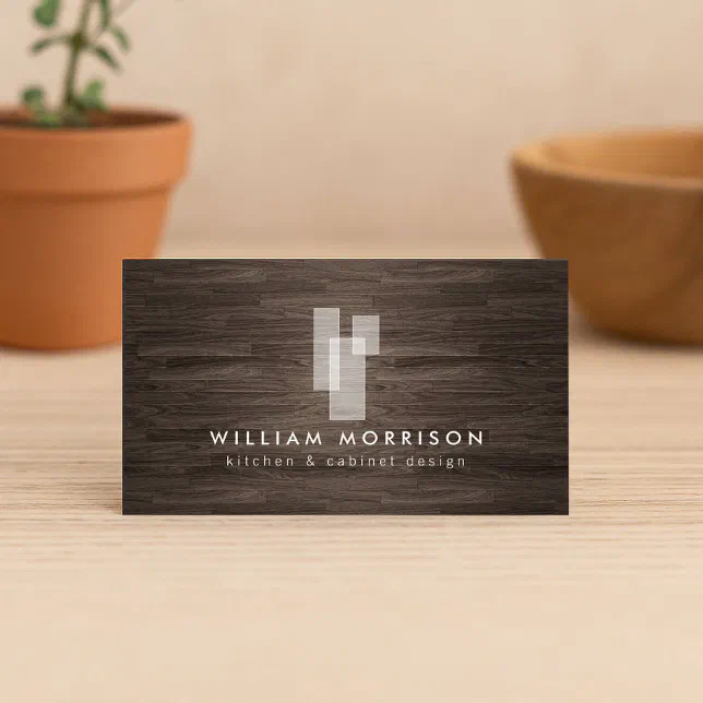 Modern Architectural Blocks Logo II on Dark Wood Business Card | Zazzle