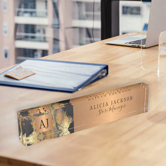 Modern art abstract pattern black gold monogrammed desk name plate | Zazzle