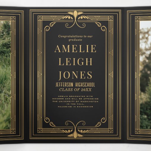 Modern Art Deco Photo Graduation Tri-Fold Invitation | Zazzle