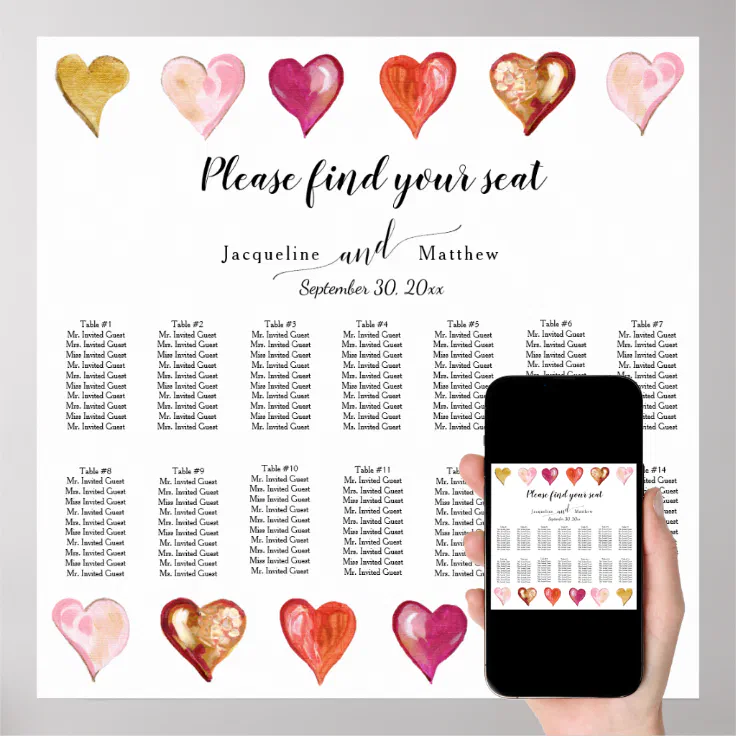 Modern Art Painted Heart Valentines Seating Chart | Zazzle