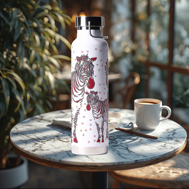 Modern Art Zebras Mother Babies Red Snowflakes Water Bottle | Zazzle