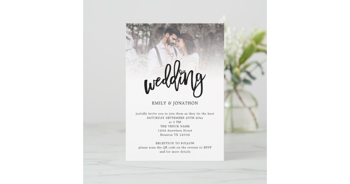 Modern Artsy Script Photo QR Code Wedding Invitation | Zazzle