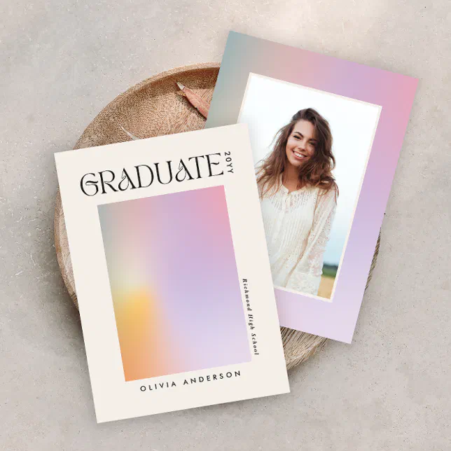 Modern aura pink graduation rainbow photo girly invitation | Zazzle