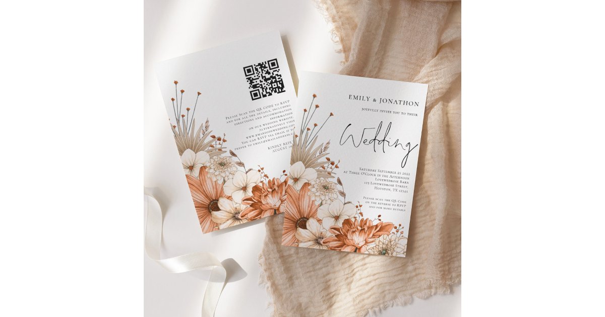 Modern Autumn Florals Script QR Code Wedding Invitation | Zazzle