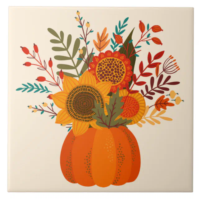 Modern Autumn Flowers in Pumpkin Ceramic Tile | Zazzle