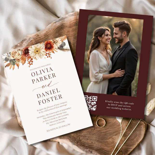Modern Autumn Photo QR Code Fall Wedding Invitation | Zazzle