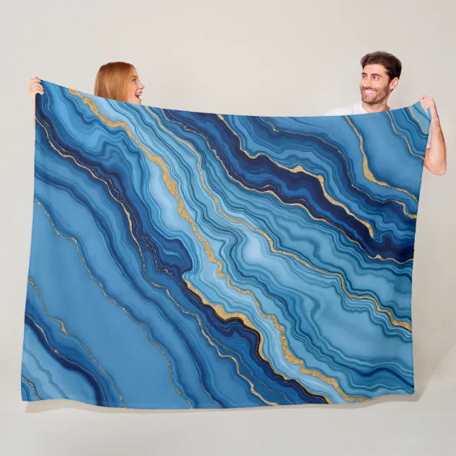 Modern Azure Blue Gold Marble Collection Fleece Blanket | Zazzle
