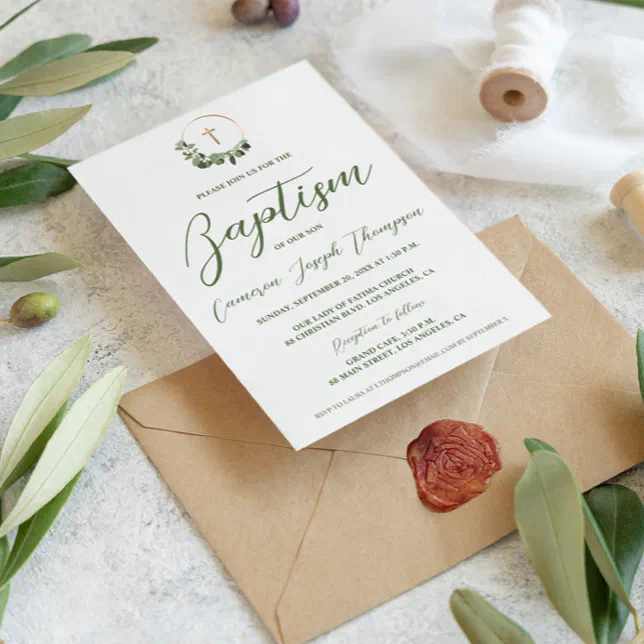 Modern Baby Baptism Wreath Gold Cross Green Motif Invitation | Zazzle