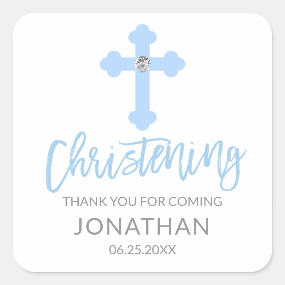 Modern Baby Blue Cross Christening Boy Thank You Square Sticker | Zazzle