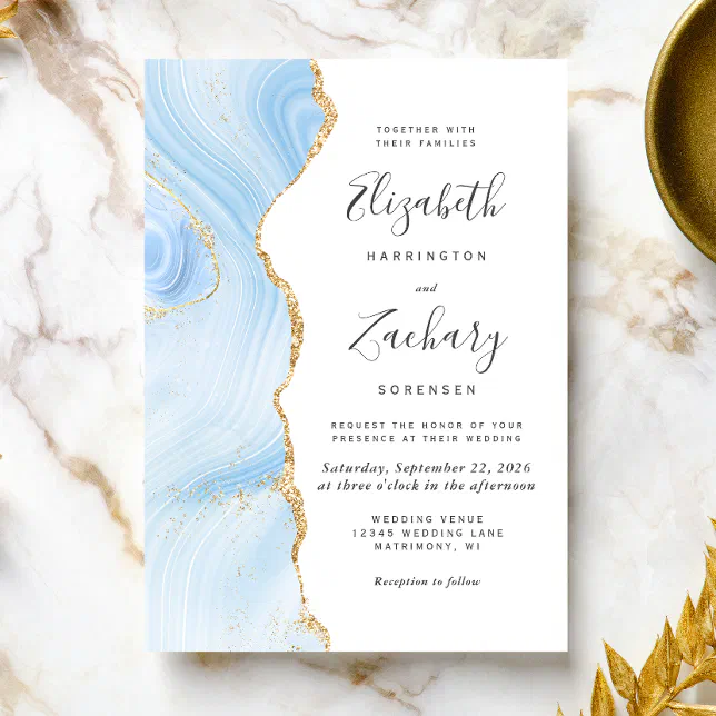 Modern Baby Blue Gold Agate Wedding Invitation | Zazzle
