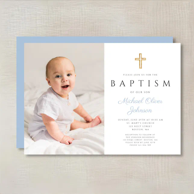 Modern Baby Blue Script Cross Boy Photo Baptism Invitation | Zazzle