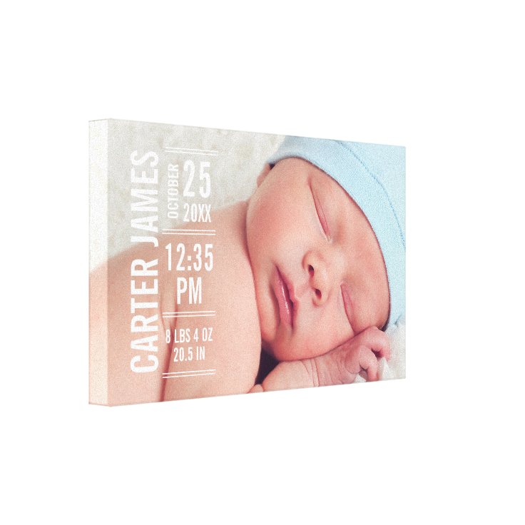 Modern Baby Boy Photo Birth Stats Keepsake Canvas Print | Zazzle