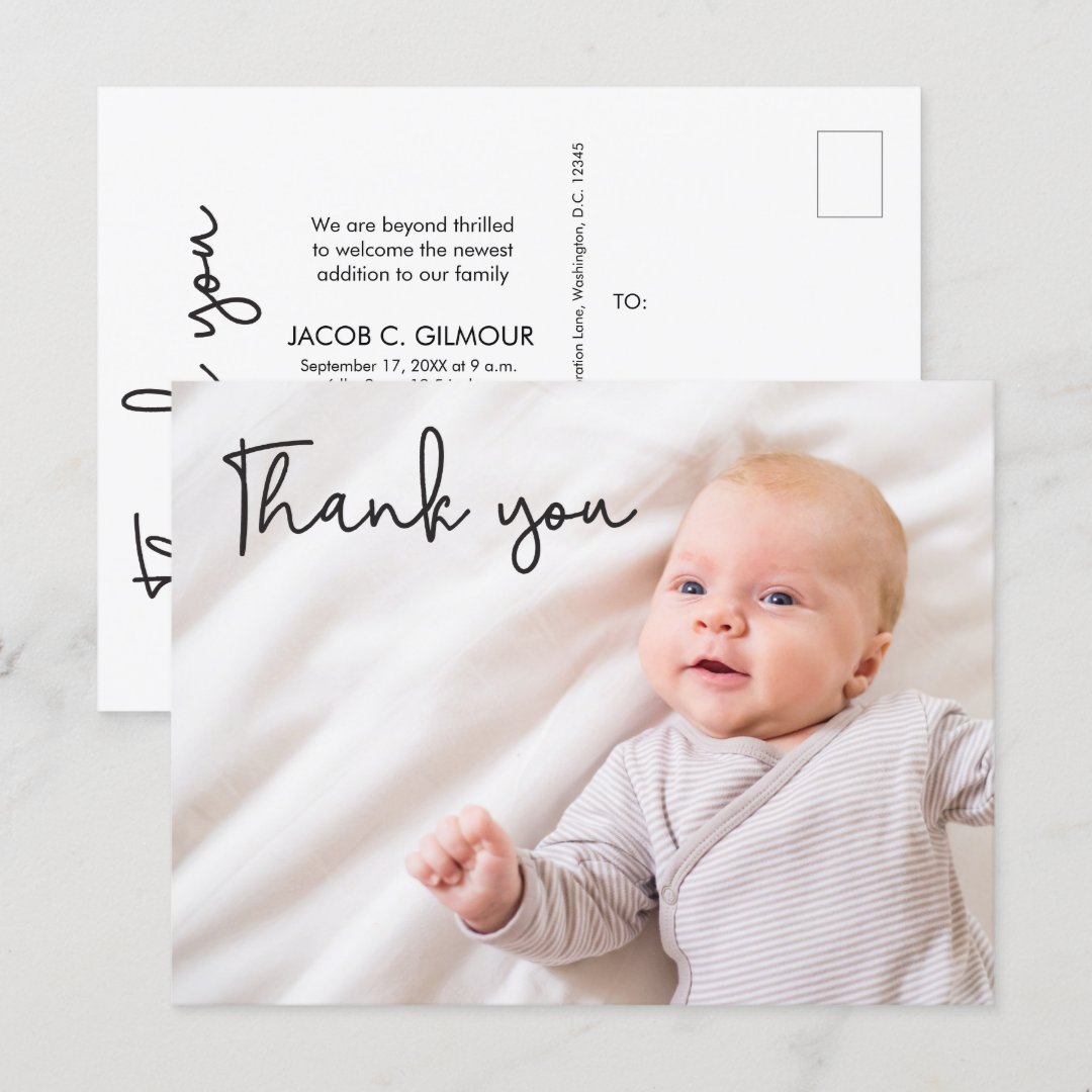 Modern Baby Boy Photo Birth Thank you Custom Announcement Postcard | Zazzle