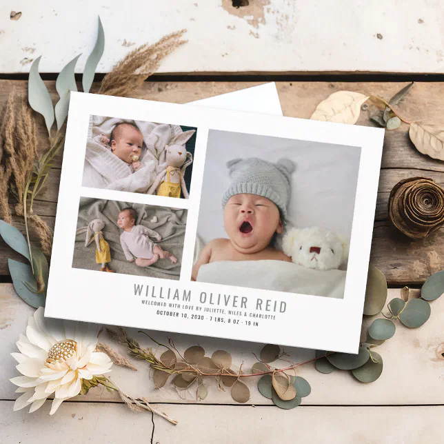 Modern Baby Boy Photo Collage Birth Announcement | Zazzle