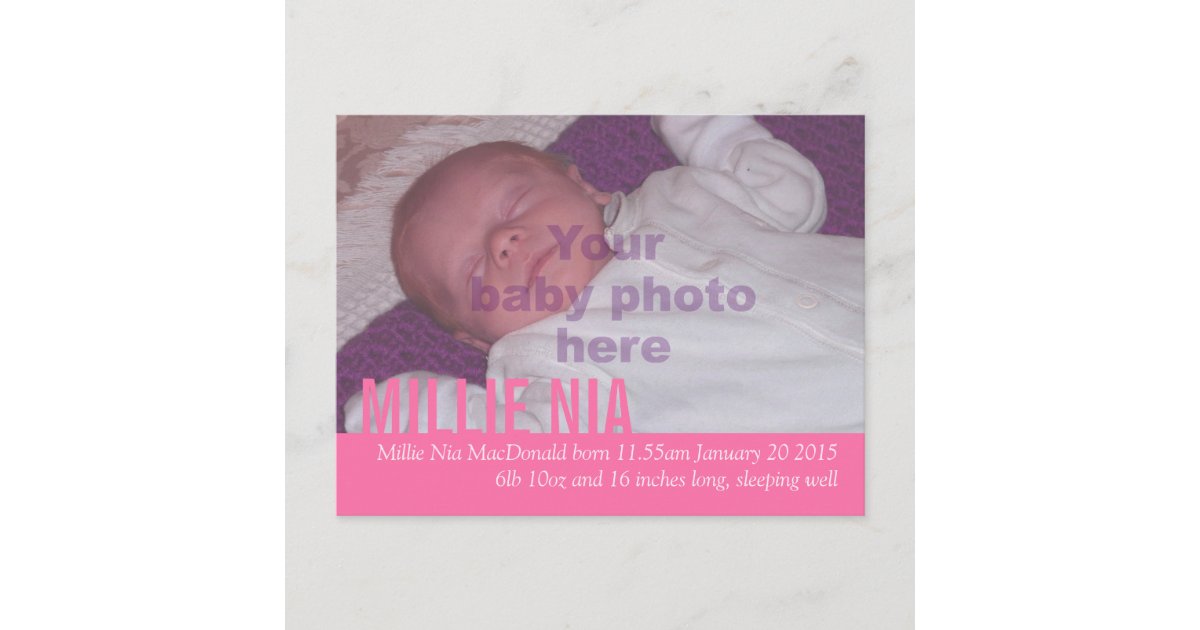 Modern baby girl pink photo announcement postcard | Zazzle