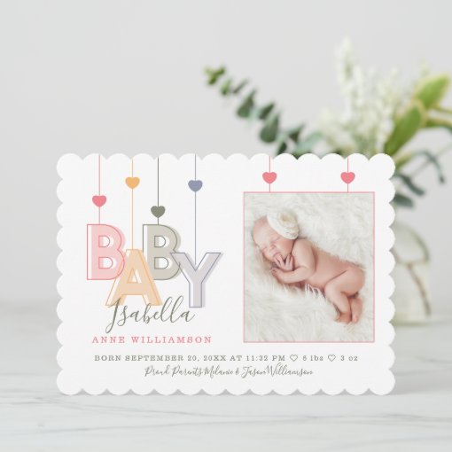 Modern Baby Letters Newborn Baby Girl Photo Announcement | Zazzle