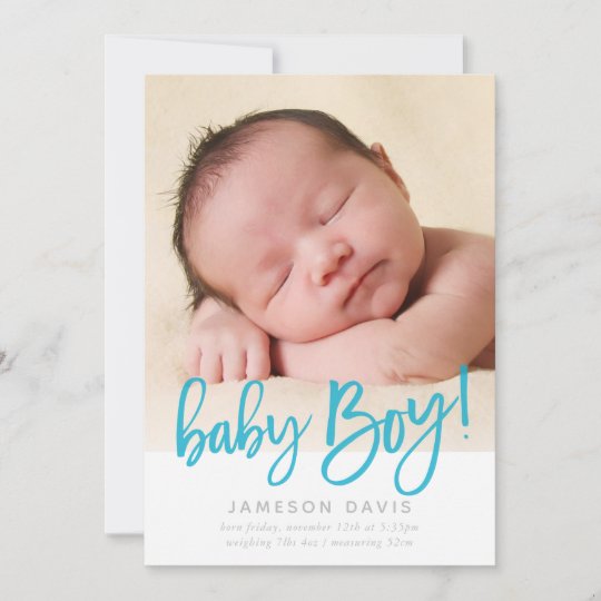 MODERN BABY PHOTO simple boy blue script writing Announcement | Zazzle.com