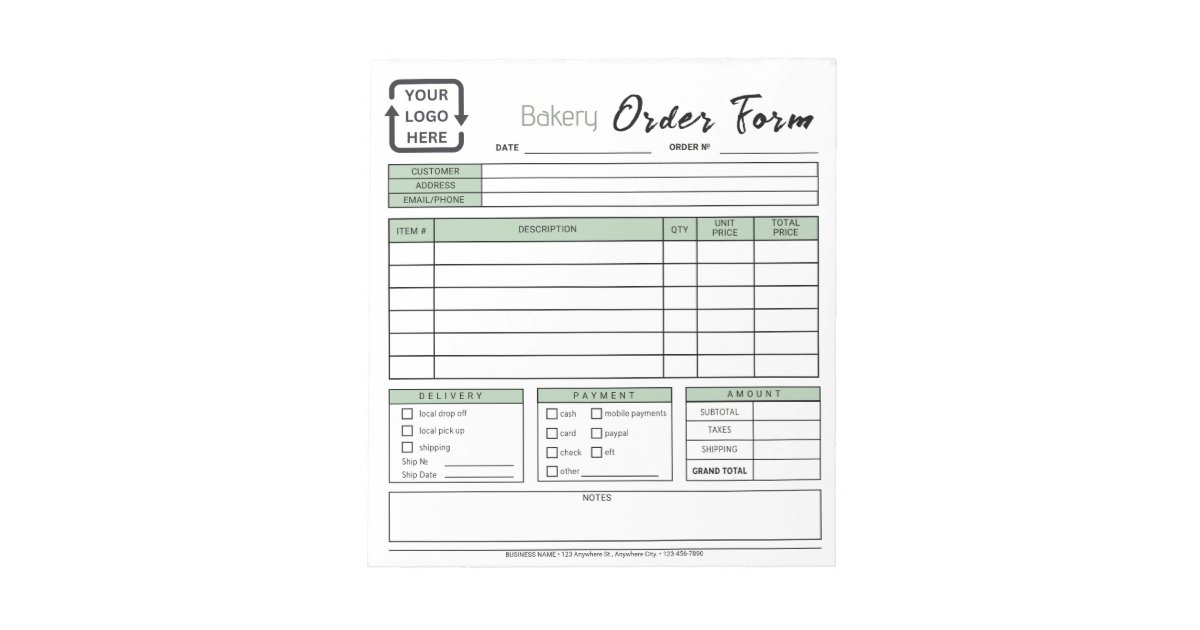 Modern Bakery Cafe Green Order Form Notepad | Zazzle