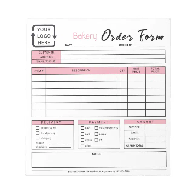 Modern Bakery Cafe Pink Order Form Notepad | Zazzle
