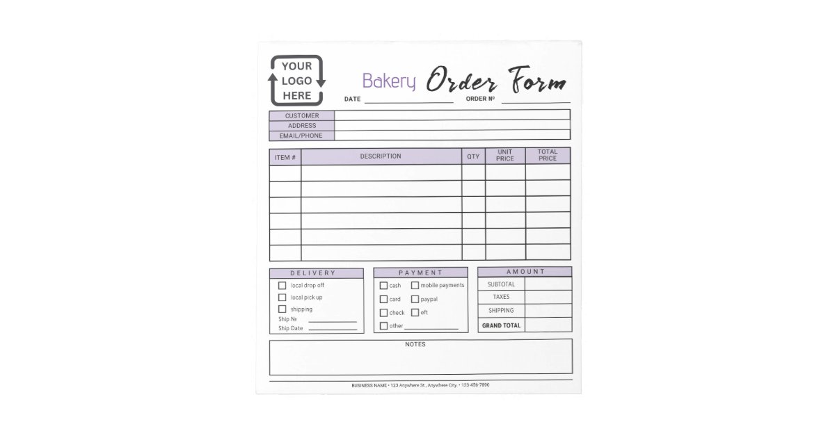 Modern Bakery Cafe Purple Order Form Notepad | Zazzle