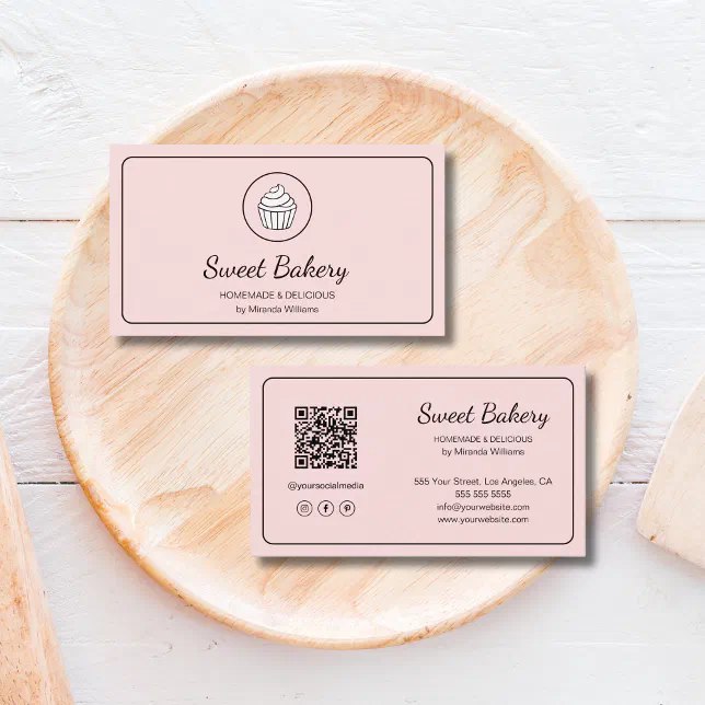 Modern Bakery Logo QR Code Pink Business Card | Zazzle