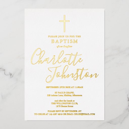 Modern Baptism Christening Elegant Signature Gold Foil Invitation | Zazzle