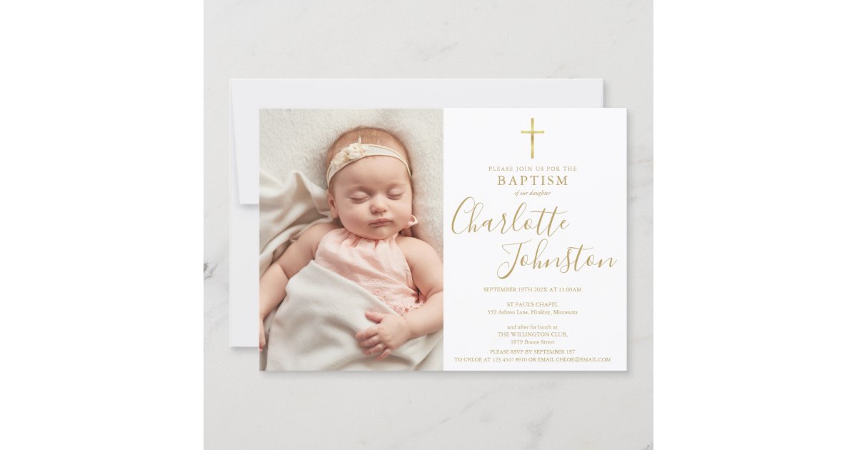 Modern Baptism Christening Golden Script Photo Invitation | Zazzle
