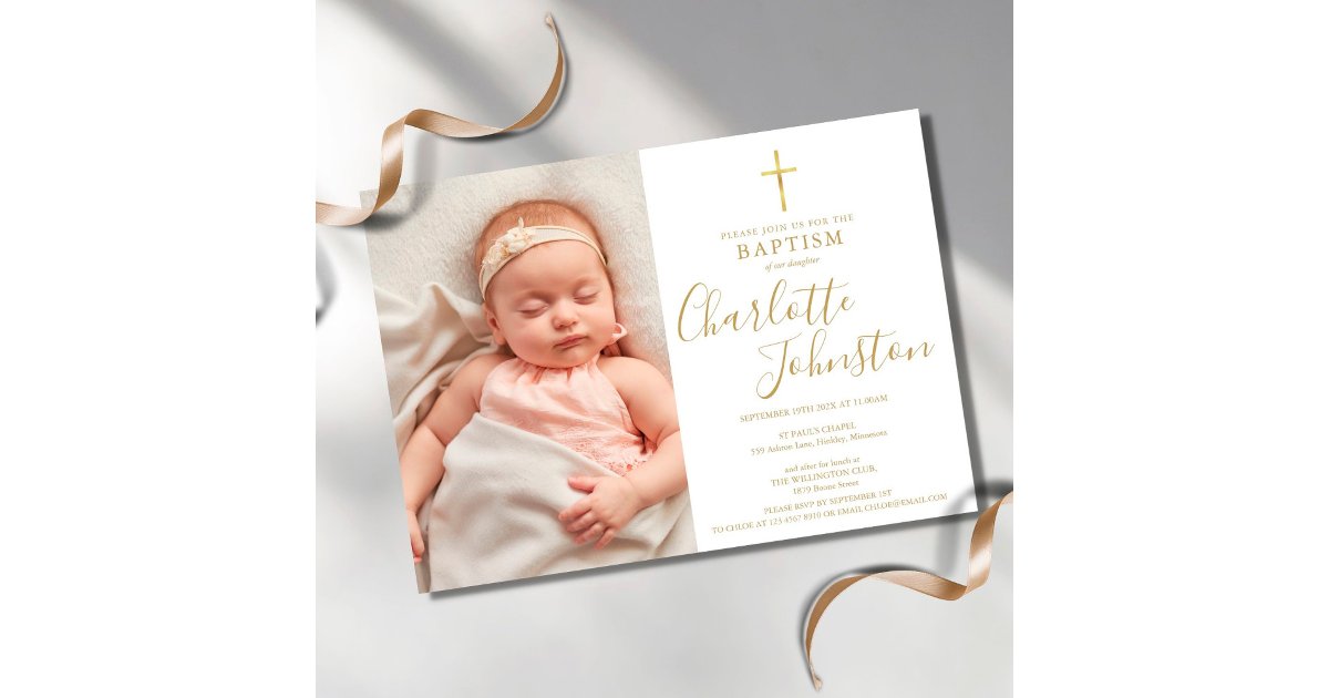 Modern Baptism Christening Golden Script Photo Invitation | Zazzle