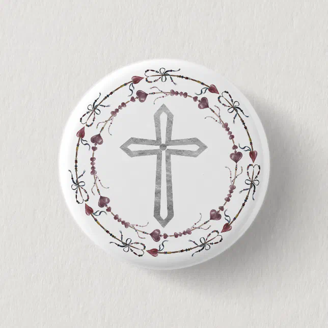 Modern Baptism Gray White Christian Cross Wreath Button | Zazzle