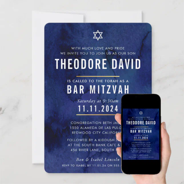 MODERN BAR MITZVAH dark blue pattern simple Invitation | Zazzle