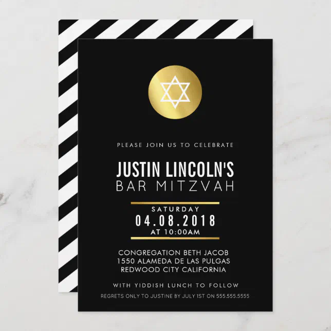 MODERN BAR MITZVAH party INVITE gold spot black | Zazzle