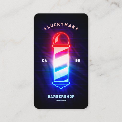 Modern Barber Neon Barber's Pole Red White Blue Business Card | Zazzle