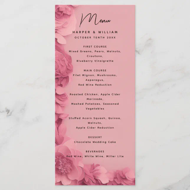 Modern barbie-inspired pink floral wedding menu | Zazzle