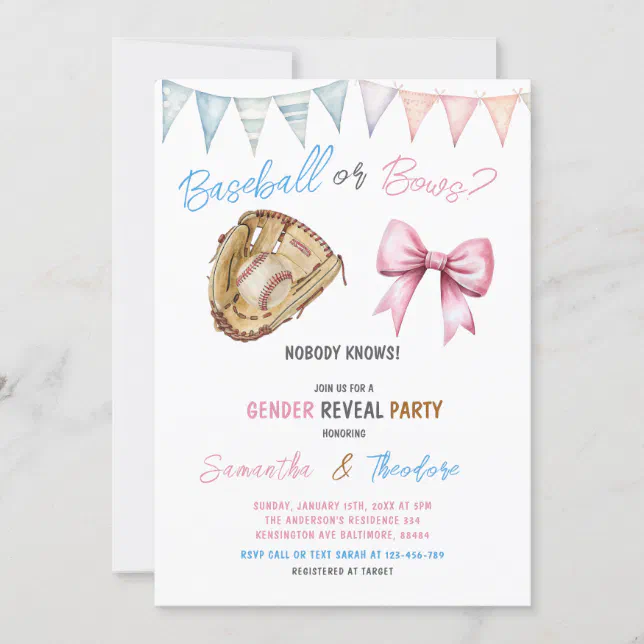 Modern Baseball or Bows Gender Reveal Party Invitation | Zazzle