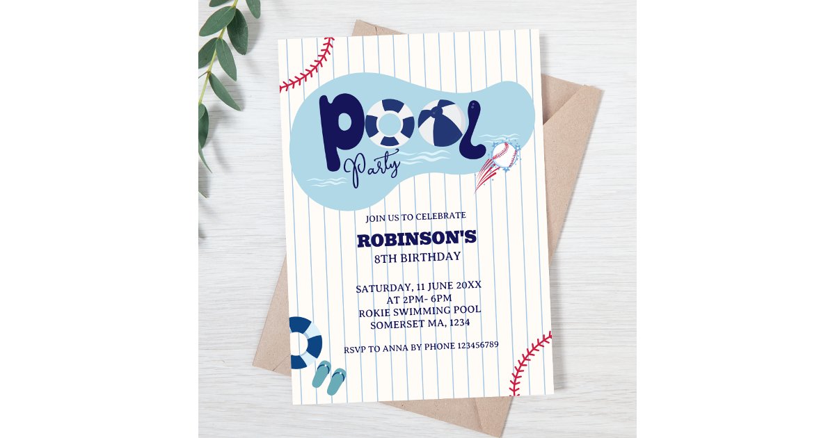 Modern Baseball Pool Birthday Party Invitation | Zazzle