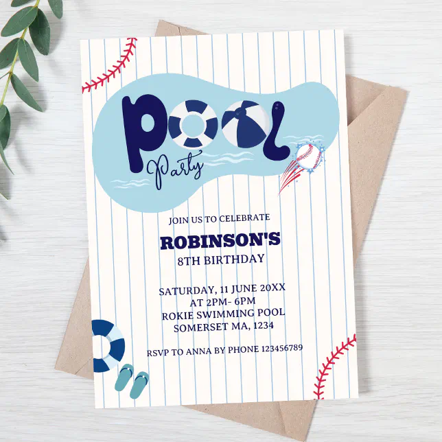 Modern Baseball Pool Birthday Party Invitation | Zazzle
