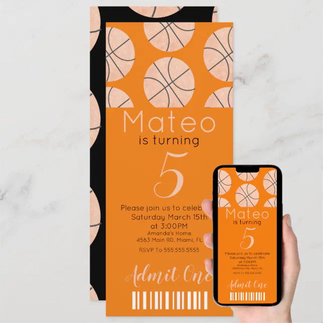 Modern Basketball Pattern Ticket Style Party In Invitation | Zazzle