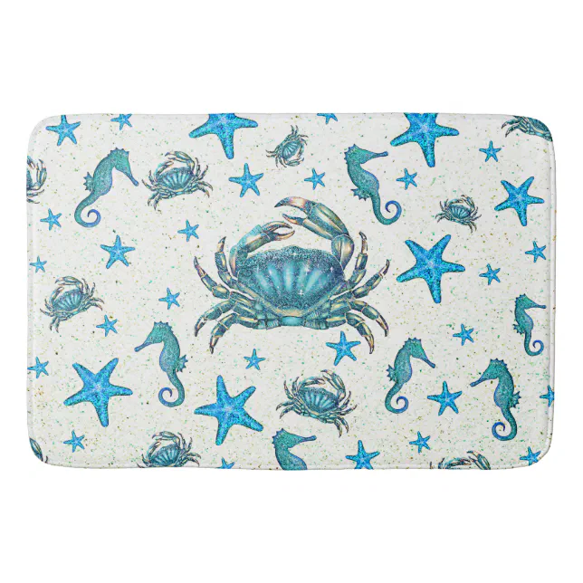 Modern Beach Blue Crab Starfish Seahorse Sparkle Bath Mat | Zazzle