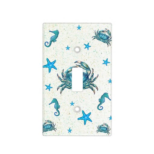 Modern Beach Blue Crab Starfish Seahorse Sparkle Light Switch Cover ...