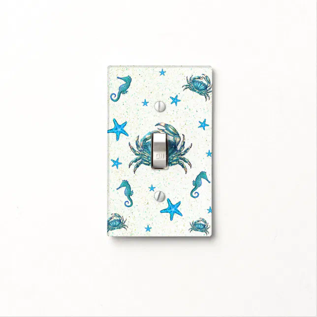 Modern Beach Blue Crab Starfish Seahorse Sparkle Light Switch Cover ...