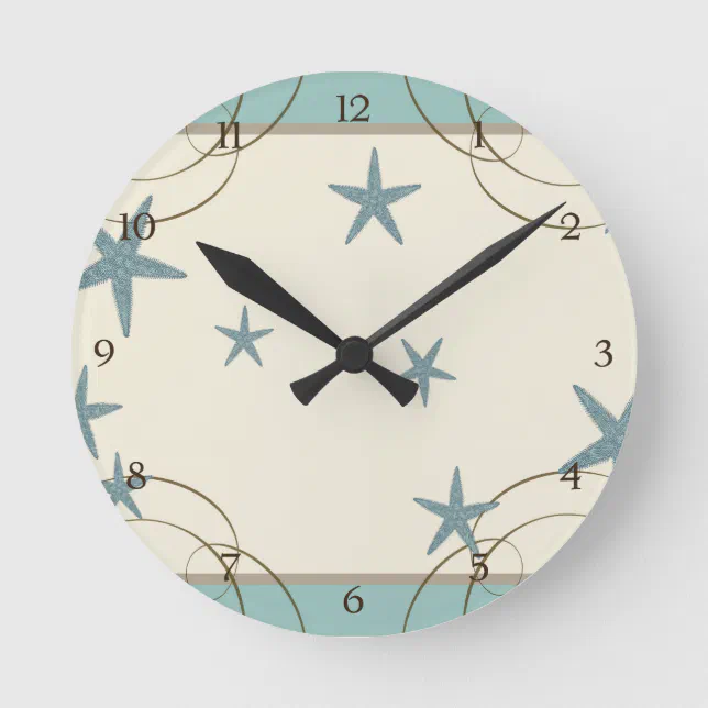 Modern Beach House Decor Starfish Sand Dollar Round Clock | Zazzle