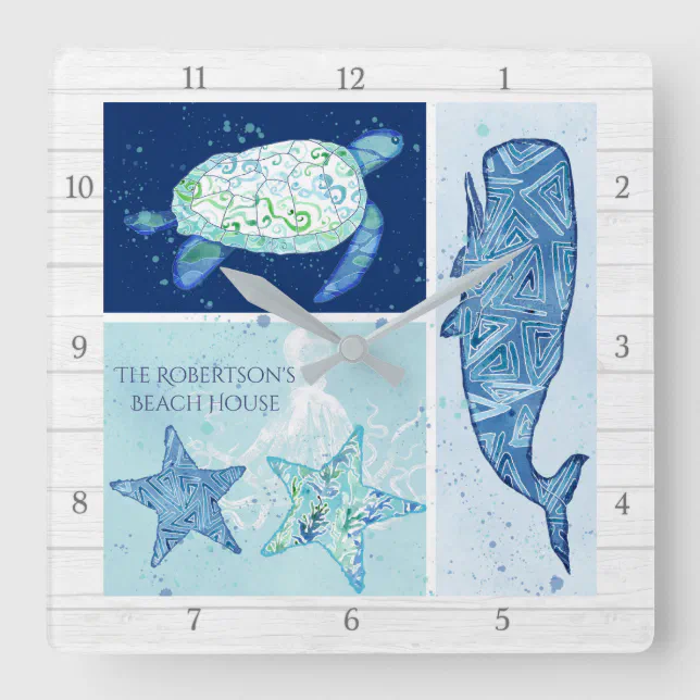Modern Beach House Family Whale Turtle Octopus Art Square Wall Clock ...
